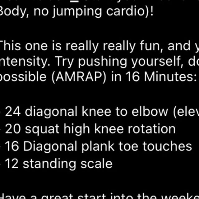 24 Diagonal Knee To Elbow 20 Squat Rotation 16 Pank Toe Touch 12 ...